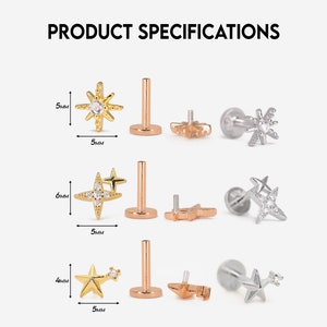 Set of 3 • Tiny Star Flat Back Labret Earring Set • gift for Her • Star ...