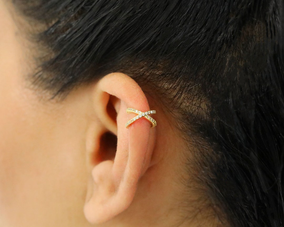 Paved Criss Cross Ear Cuff • Ear Cuff No Piercing • Gold Ear Cuff • Ear Cuff Non Pierced • Fake ...