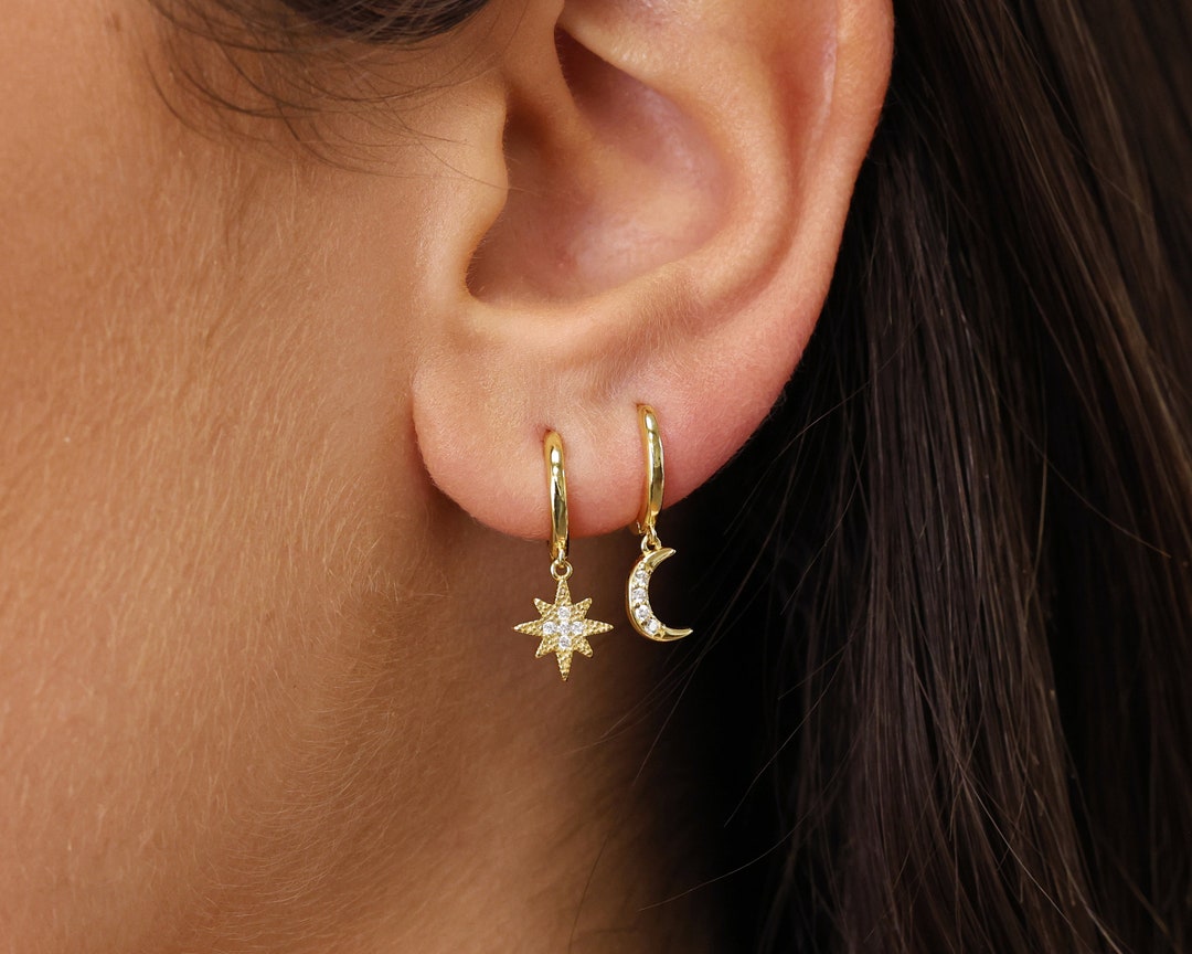 Mismatched Moon Star Hoops Gold Star Hoop Earrings Gold Moon Hoop Earrings Moon and Star Earrings Celestial Earrings Minimalist Etsy