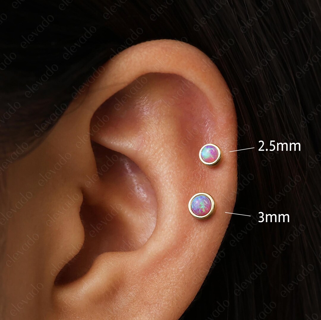 18G/16G Purple Fire Opal Flat Back Labret Stud • Cartilage Earring • Tragus • Conch Stud ...