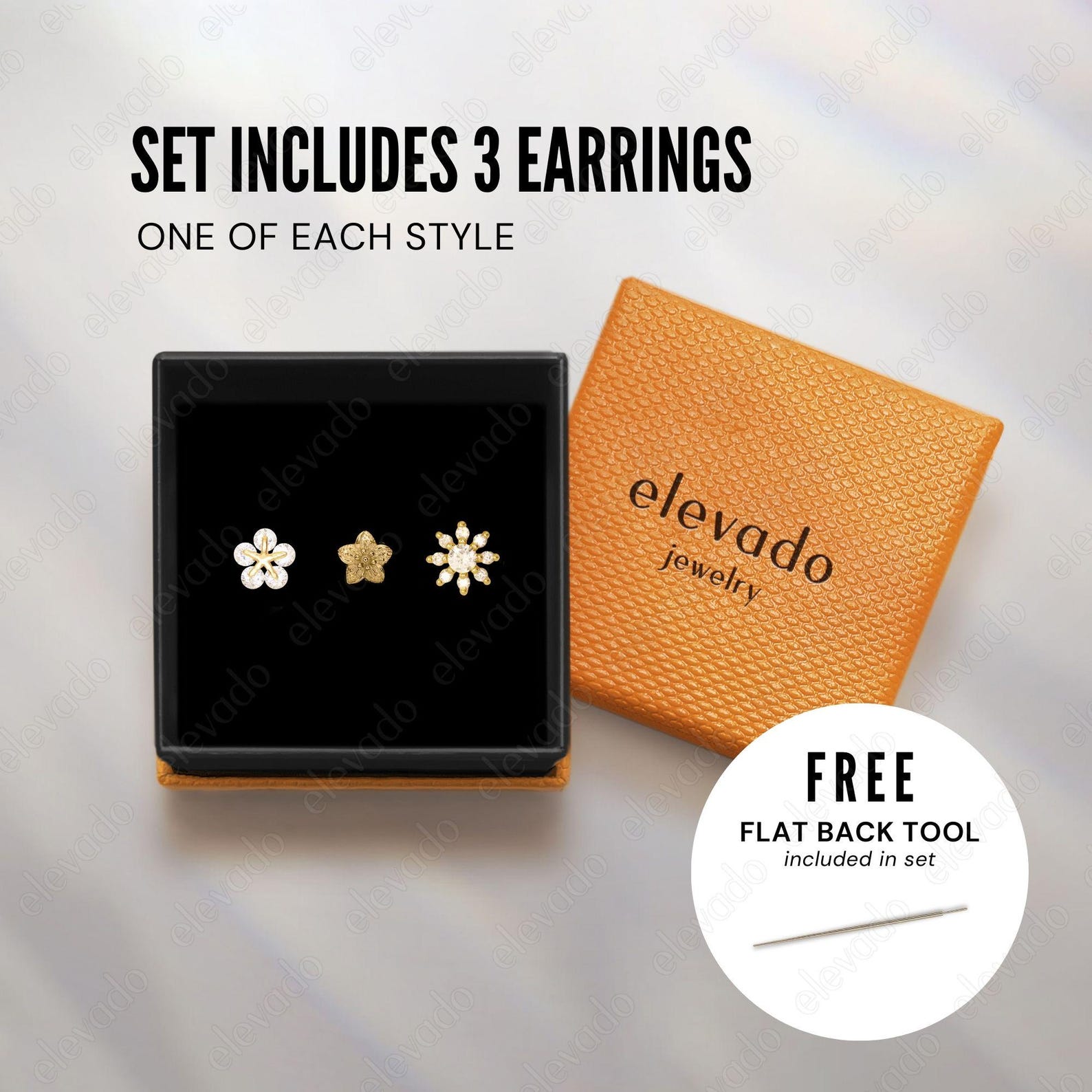Set of 3 • 16G/18G Floral Flat Back Earring Set • 925 Sterling Silver ...