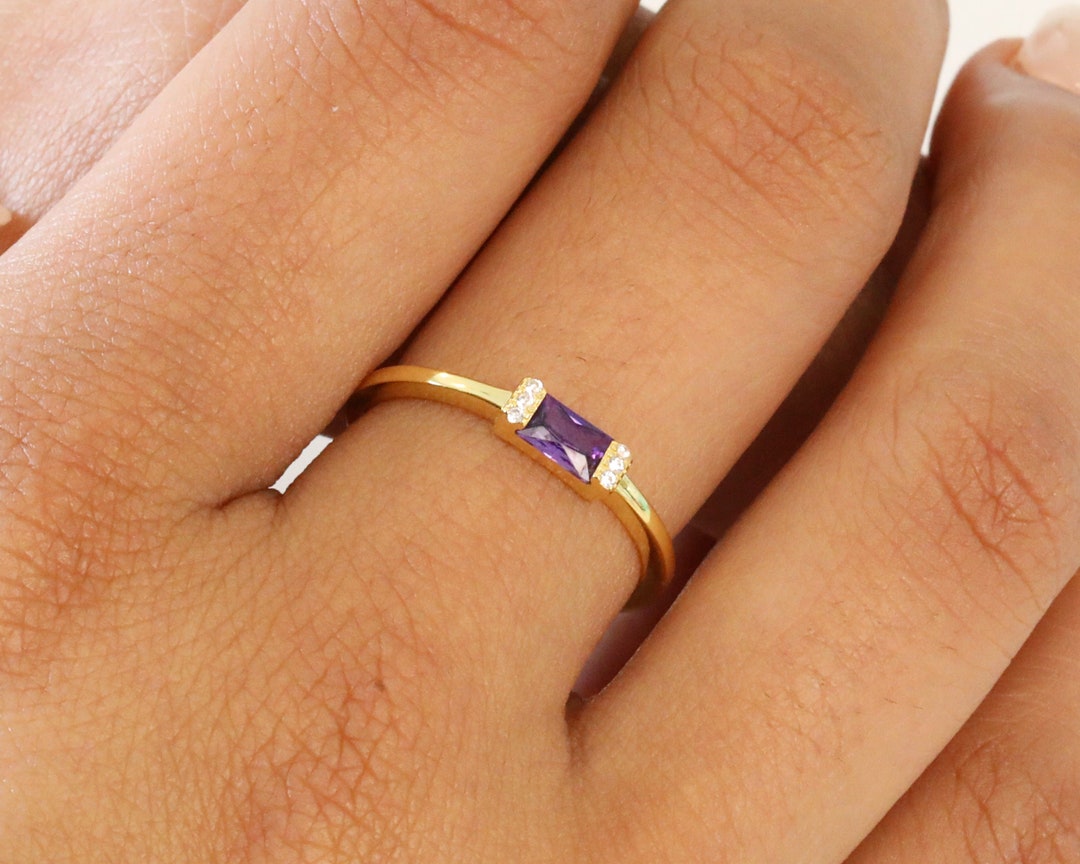 Amethyst Baguette Dainty Stacking Ring • Simple Gold Minimalist Ring ...
