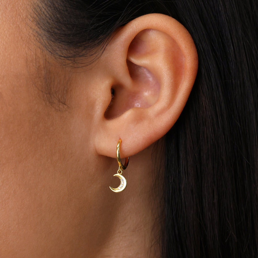 Gold Moon Crescent Hoop Earrings • Moon Charm Hoops • Dainty Hoop ...