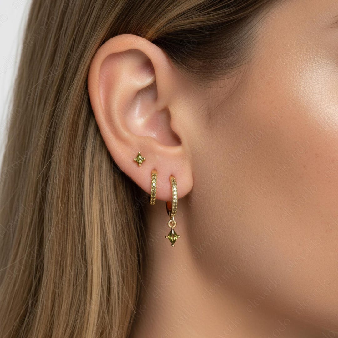 Peridot Diamond Cut Hoop Earring Set: Sterling Silver August Birthstone ...