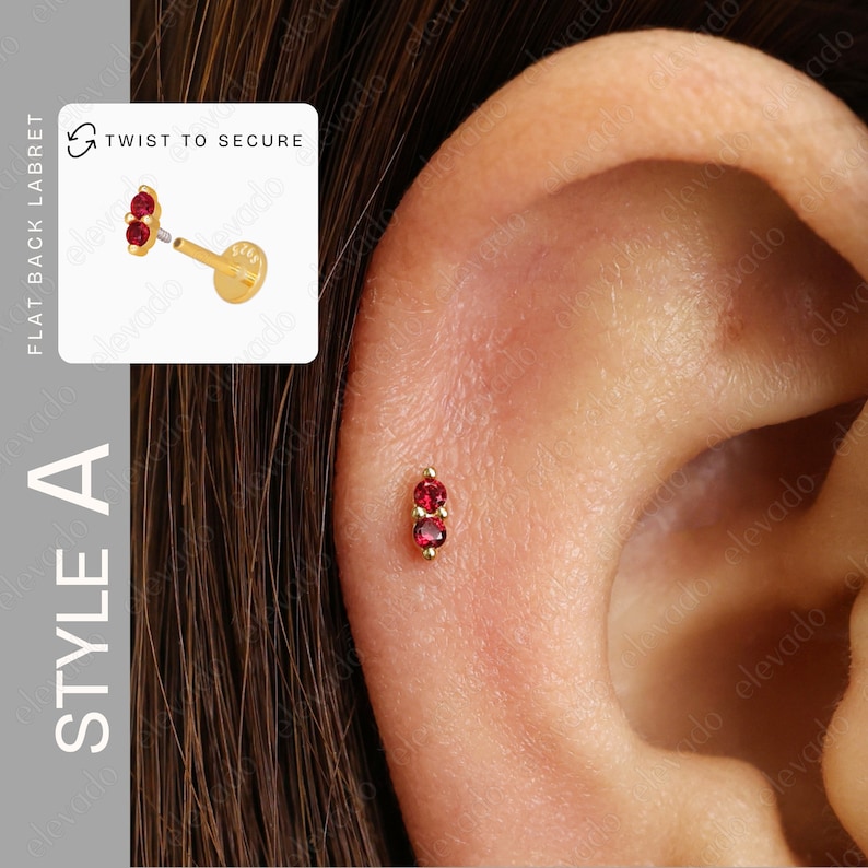 Ruby Flat Back Labret Earring Set: Gold Plated Sterling Silver ...