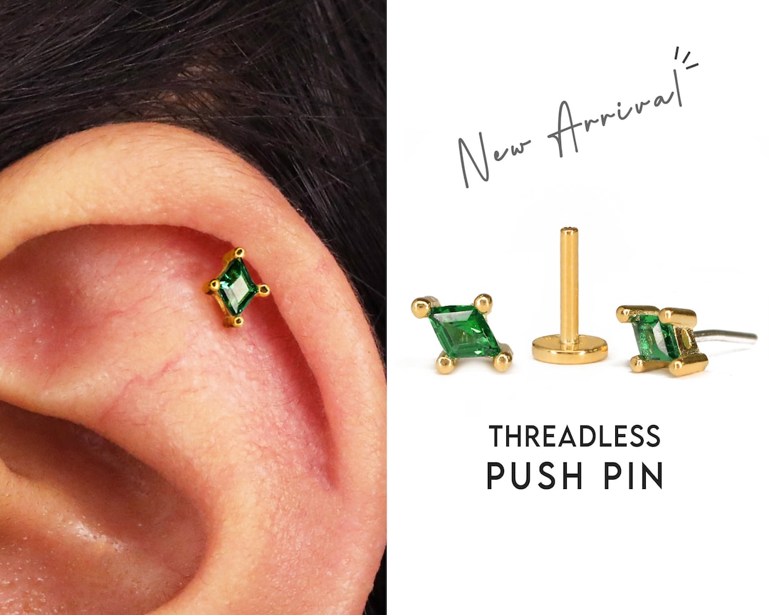 20G/18G Emerald Diamond Cartilage Threadless Push Pin Earrings • Gold ...