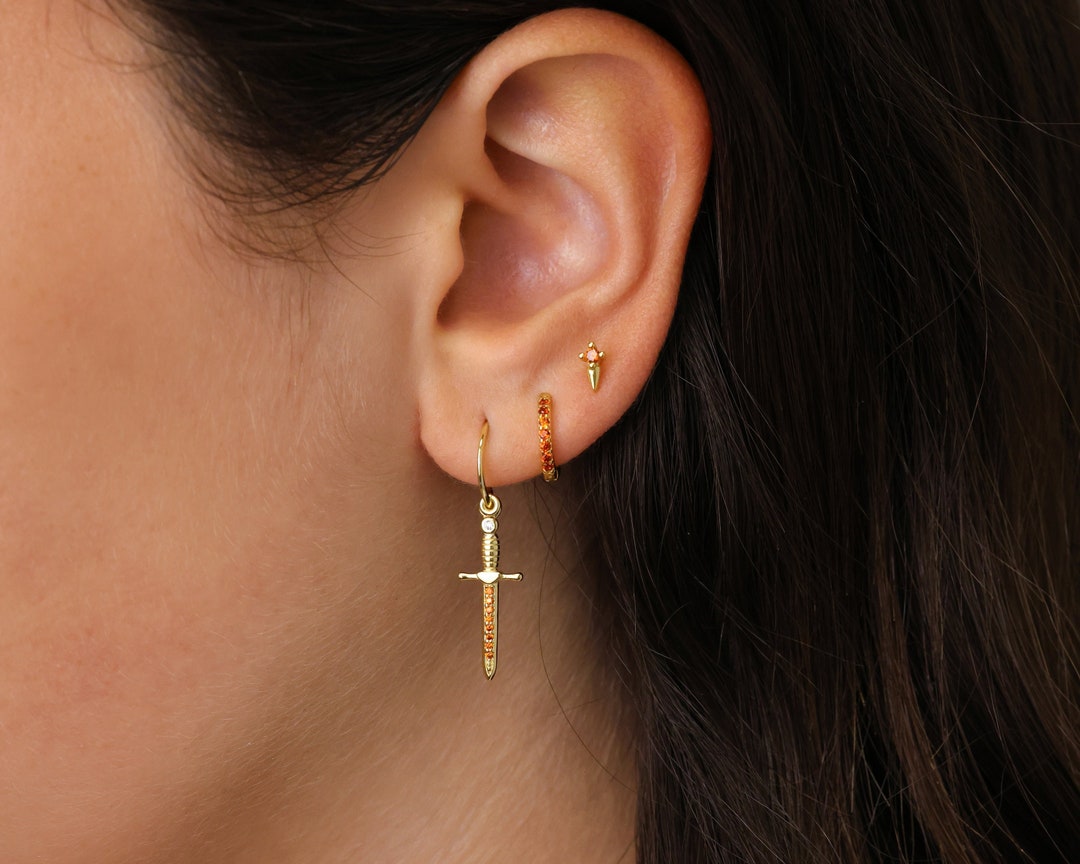 Garnet Sword Earring Set • Dagger Hoop Earrings • spike Stud • Edgy ...