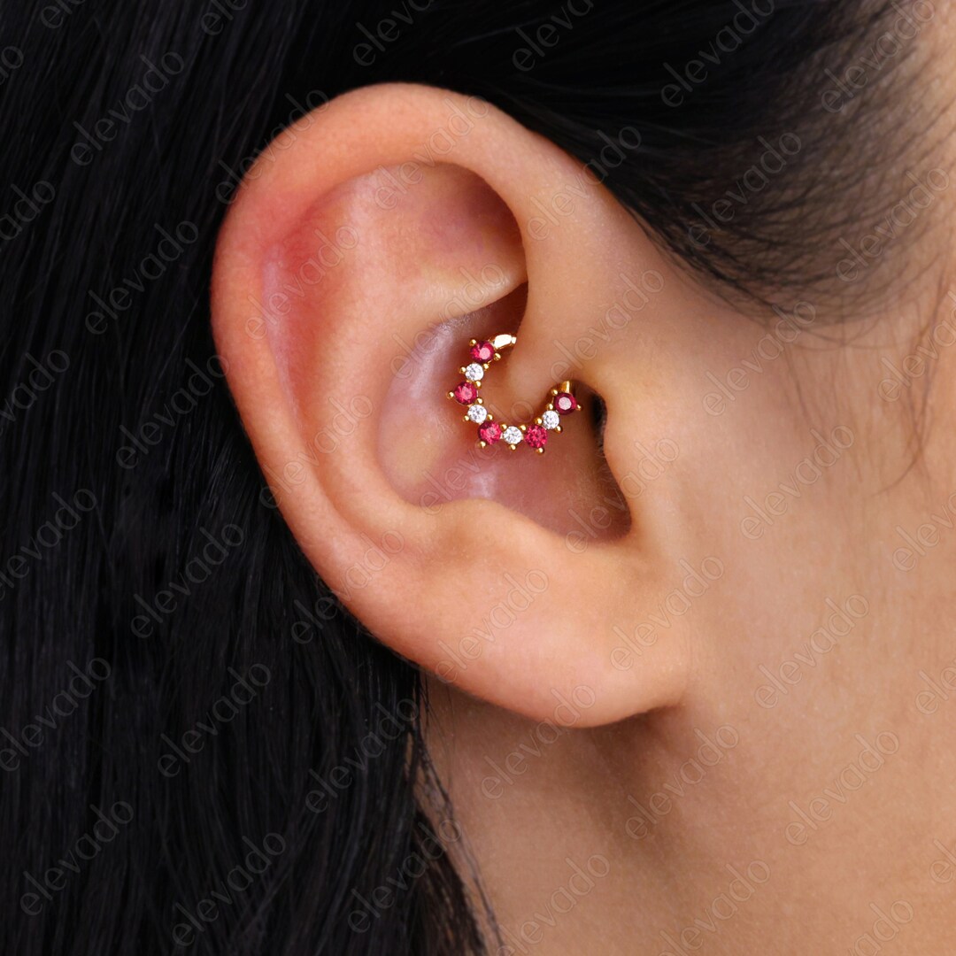 Ruby Diamond Daith Hoop: 18k Gold Plated Sterling Silver Conch Earring ...