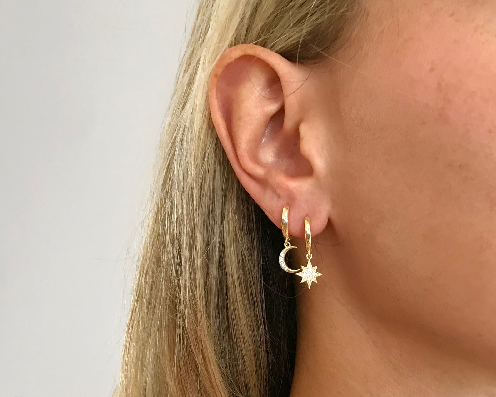 Mismatched Moon & Star Hoops Gold Star Hoop Earrings Gold | Etsy
