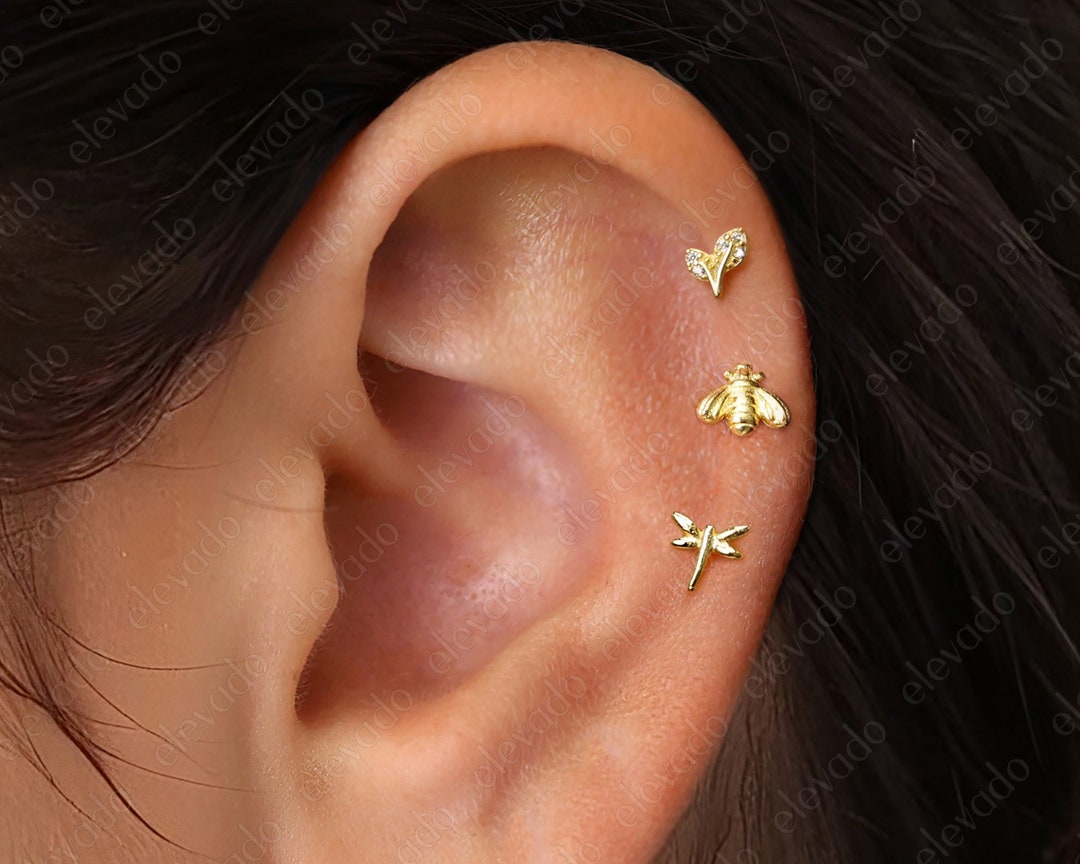 Set of 3 • 16G/18G Nature Flat Back Earring Set • Bee Cartilage ...