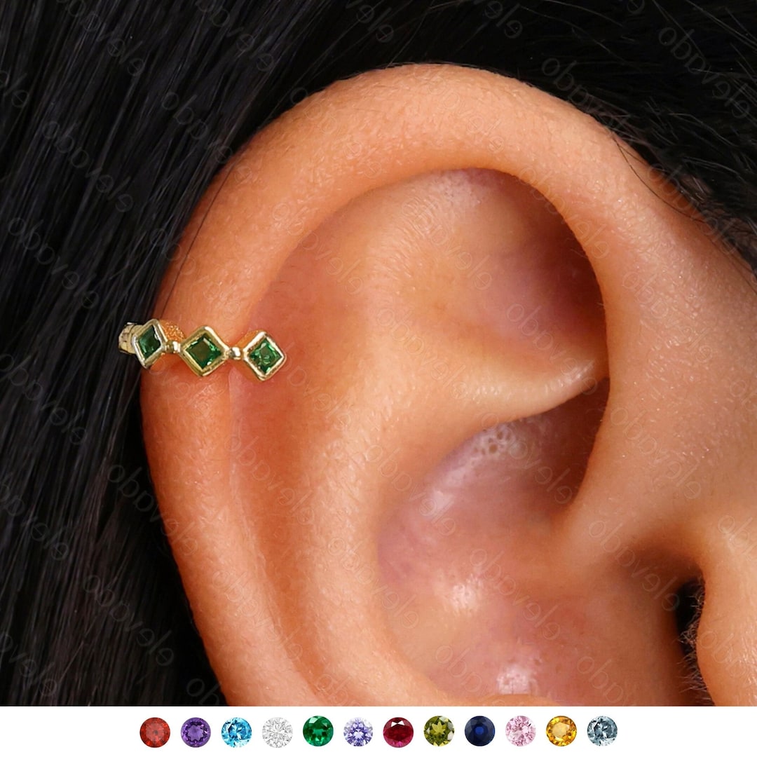 Emerald Birthstone Bezel Helix Hoop Earring • Bezel Stone Rook Hoop ...
