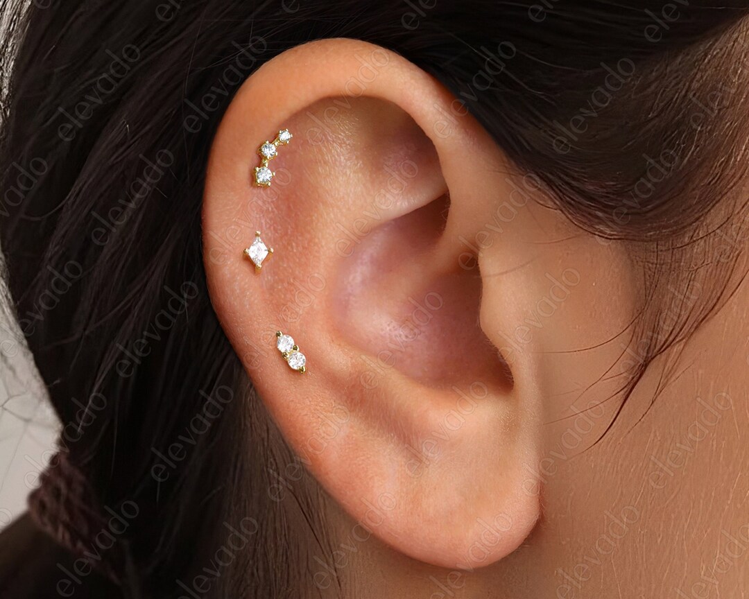 Diamond Flat Back Earring Set: 16G/18G Gold Plated Sterling Silver ...