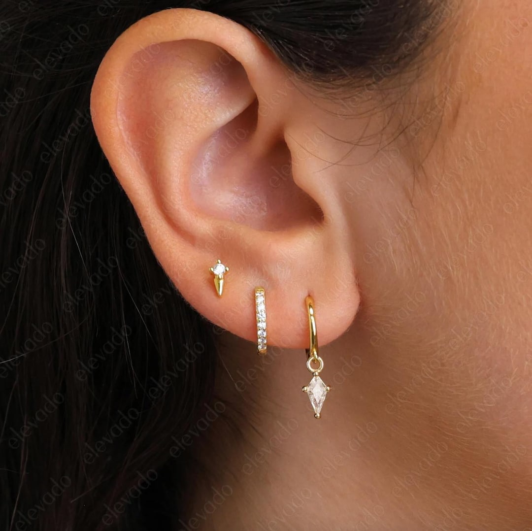 Diamond Kite Huggie Hoop Earring Set: Sterling Silver Dainty Hoops - Etsy