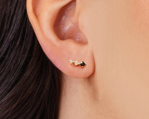 Black Onyx X Diamond Tiny Climber Stud Earrings Dainty Earrings Gold Studs Small Stud Earrings Minimalist Earrings Silver Studs Etsy