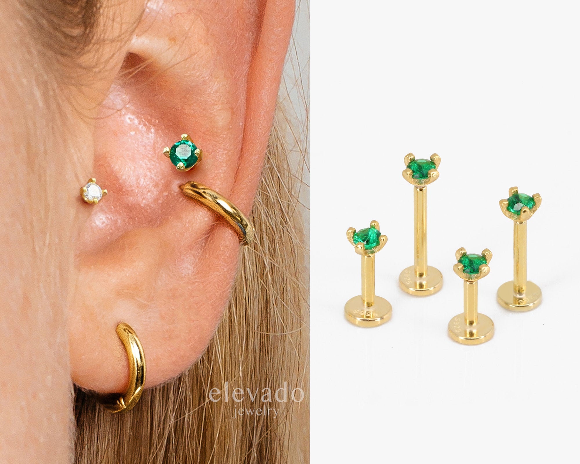 18G/16G Gold Emerald Threadless Push Pin Labret Stud Solid | Etsy