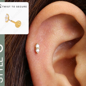 Diamond Flat Back Earring Set: 16G/18G Gold Plated Sterling Silver ...