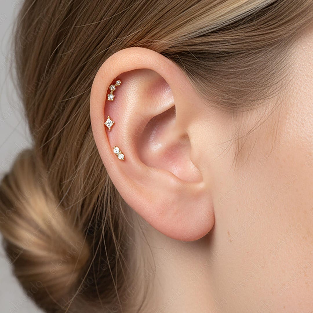 Diamond Flat Back Earring Set: 16G/18G Gold Plated Sterling Silver ...