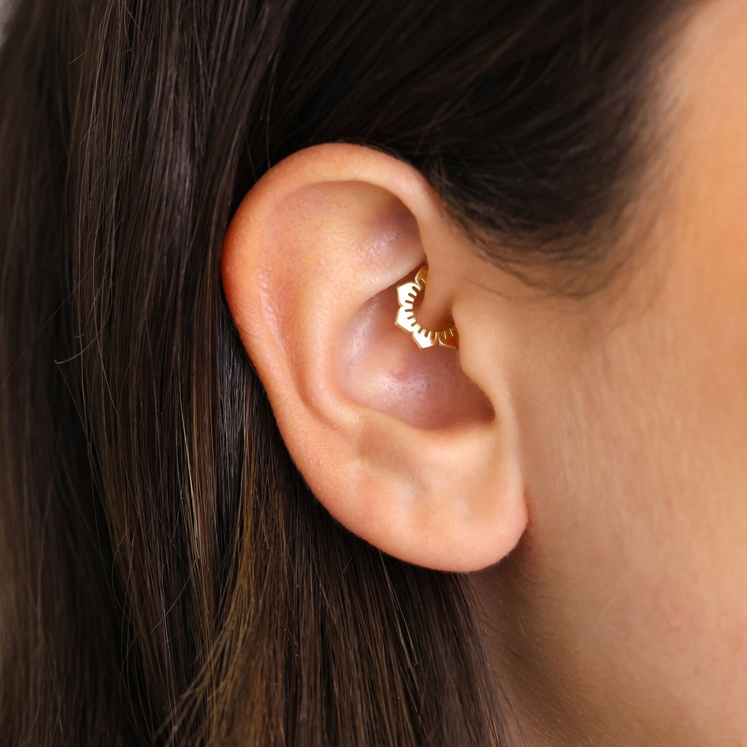 Flower Daith Hoop Earring, 18k Gold Plated Sterling Silver, Conch Hoop ...