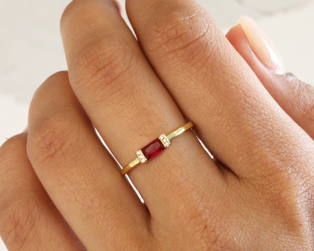 Ruby Baguette Dainty Stacking Ring • Simple Gold Minimalist Ring ...