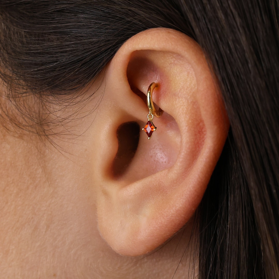 Tiny Garnet Dangle Rook Hoop Earring • Gemstone Helix Hoop • Rook ...