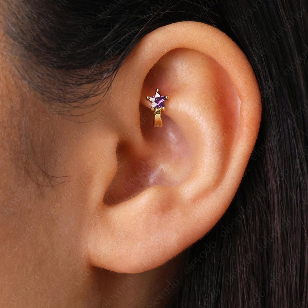 Tiny Amethyst Star Rook Hoop Earring • Star Helix Hoop • Rook Earring ...
