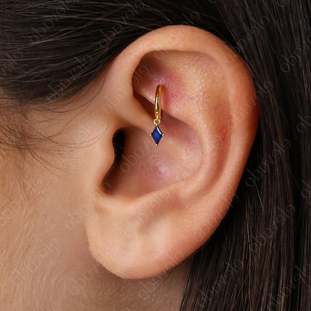 Sapphire Tiny Dangle Rook Hoop Earring • Gemstone Helix Hoop • Rook ...
