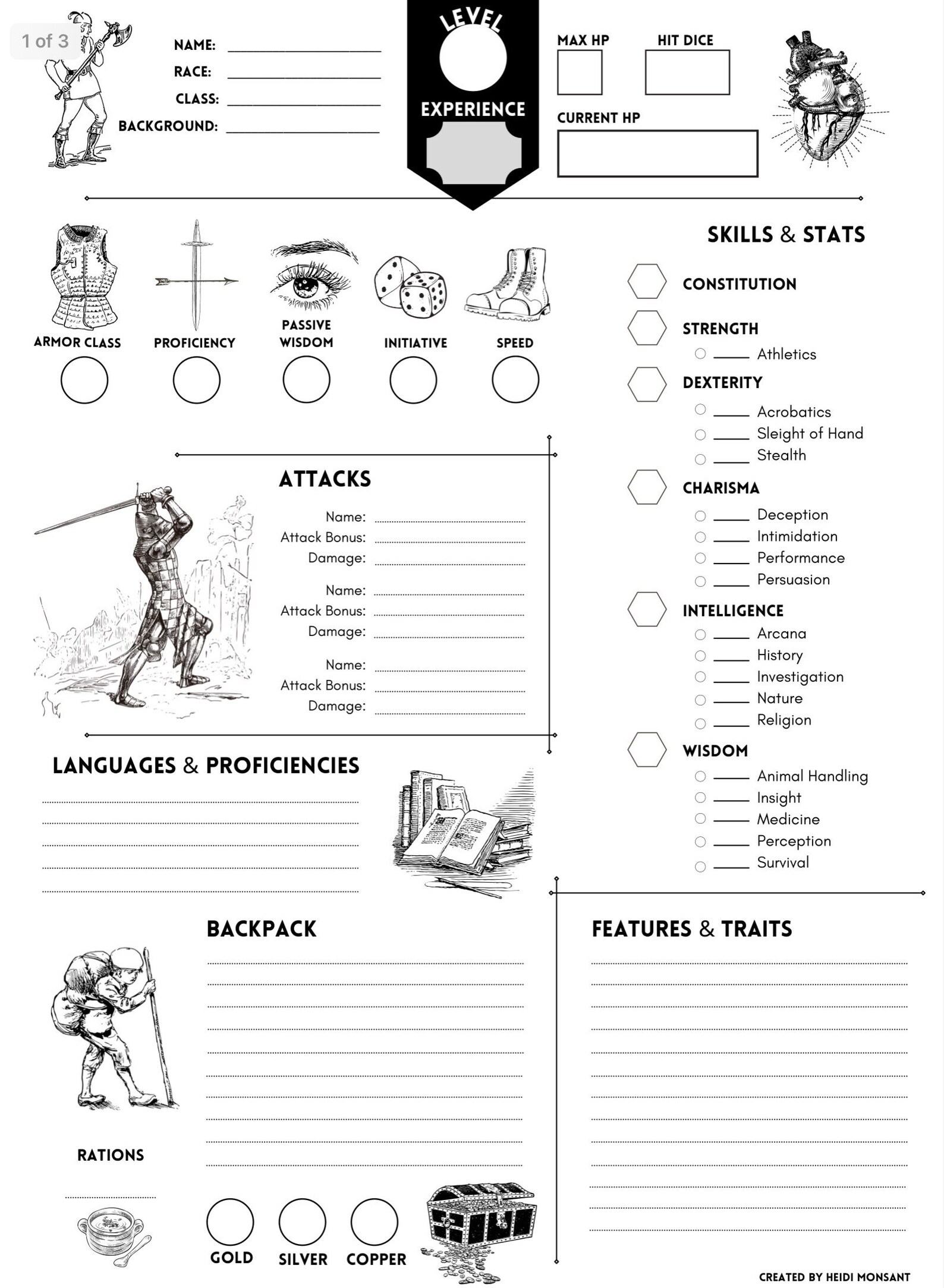 Printable Character Sheet Dungeons & Dragons RPG Role Playing Games - Etsy