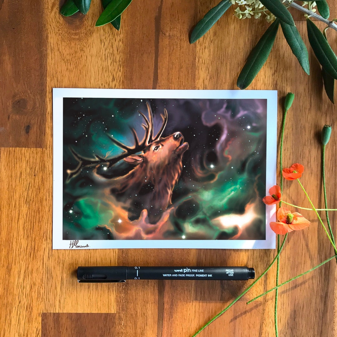 Celestial Elk Mini Print, Fantasy Art Print, Nebula Art, Space Elk ...
