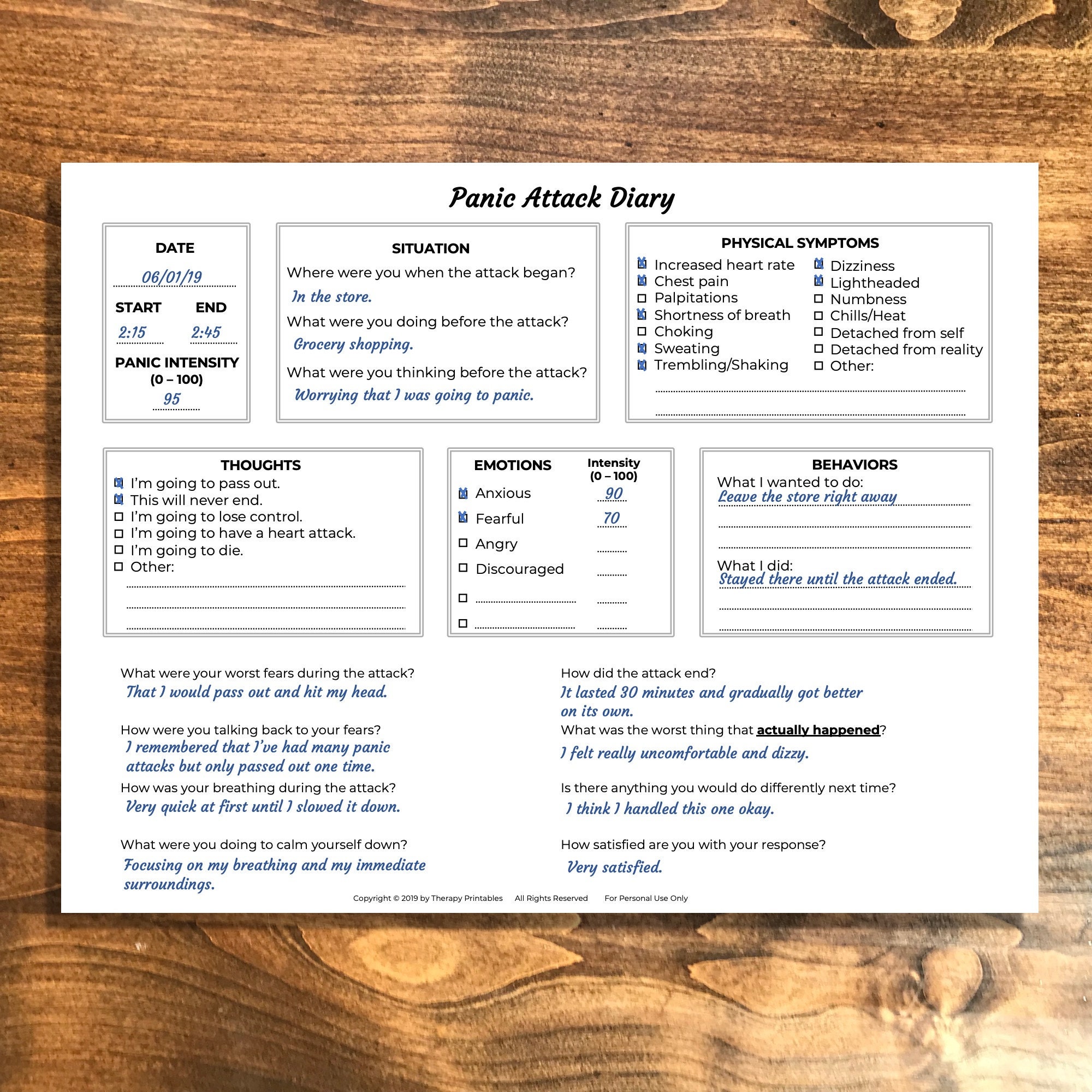 Printable & Fillable Panic Attack Diary - Etsy