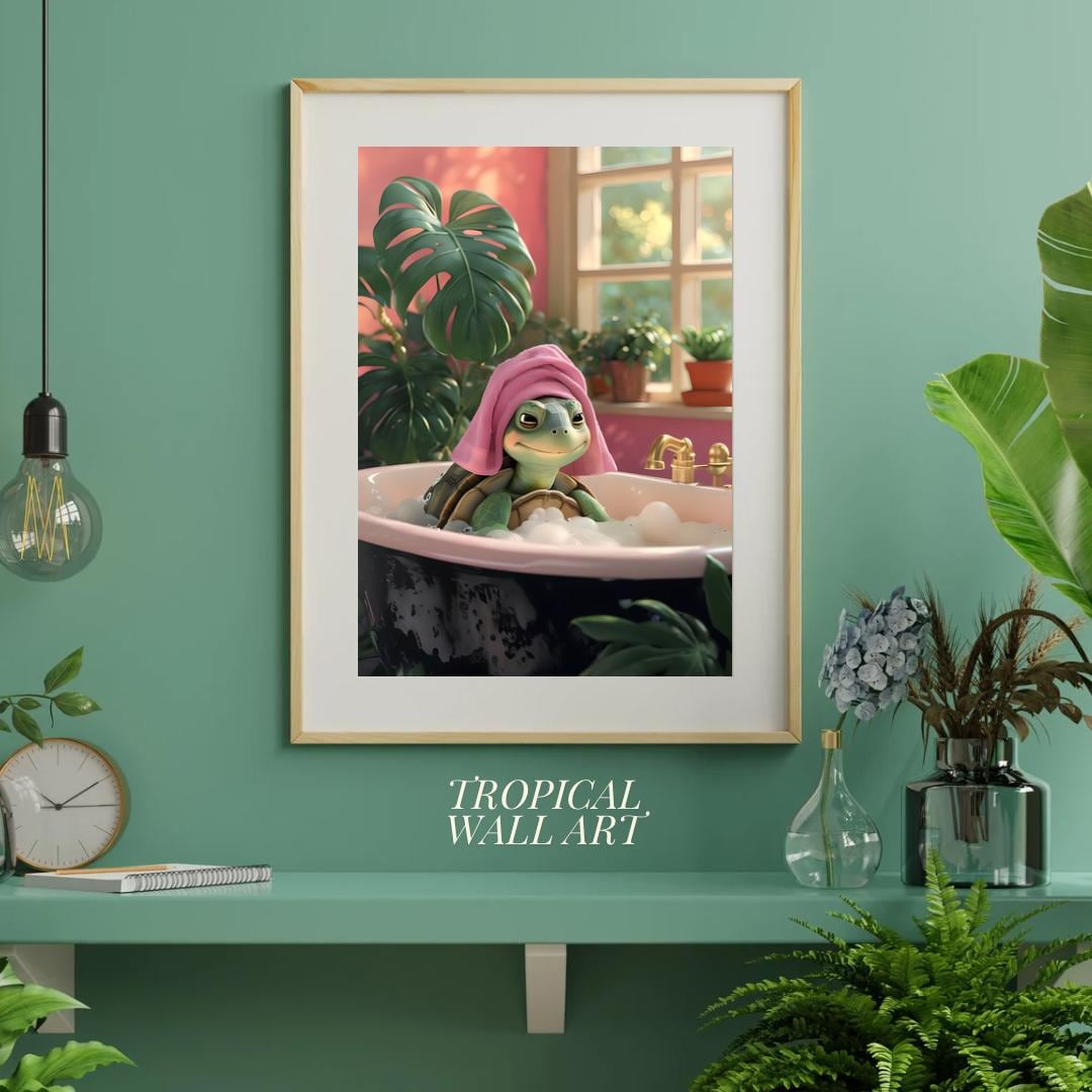 Relaxing Turtle in Bathtub Wall Art - Cute Animal Bathroom Decor ...