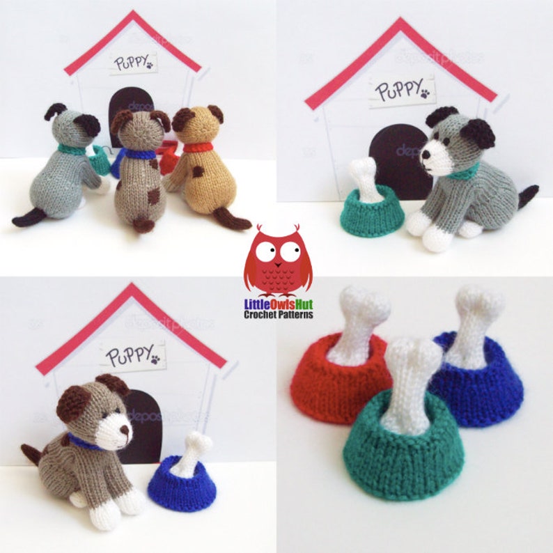 K003 Knitting Pattern - Dogs With Bowls and Bones Soft Toy - Amigurumi ...