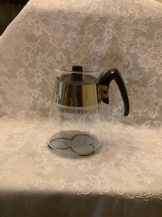 Vintage Corning Glass Gold Band 4 Cup Coffee Carafe w/ Metal Trivet ...