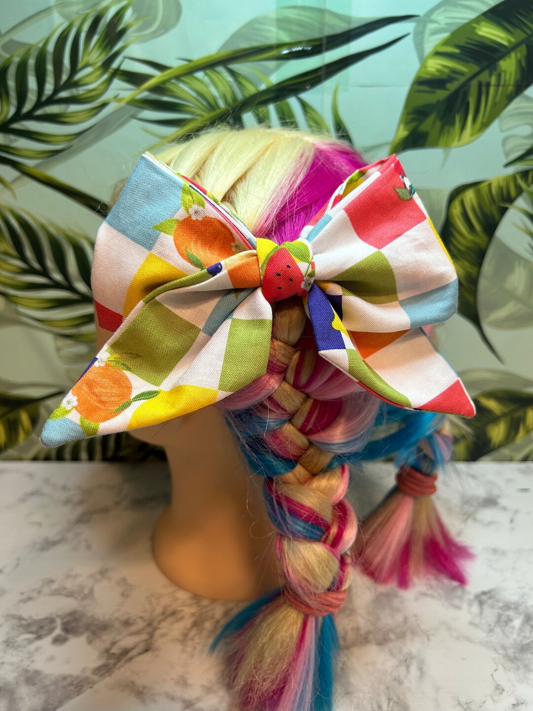 Fruity Checkers Hair Bow With Clip - Rooty Tooty Fresh and Fruity - Etsy