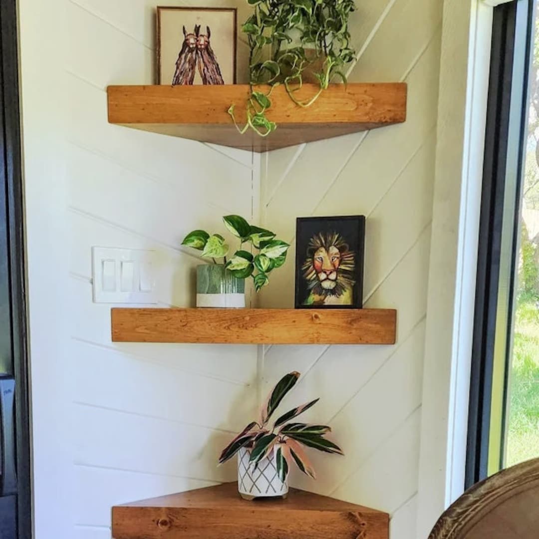 Rustic Wood Floating Corner Shelves: Custom Sizes, Easy Install - Etsy