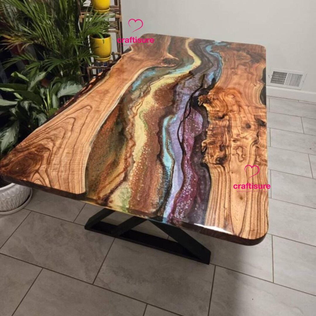 Live Edge Epoxy Dining Table Custom Rainbow Wave Resin Table - Etsy