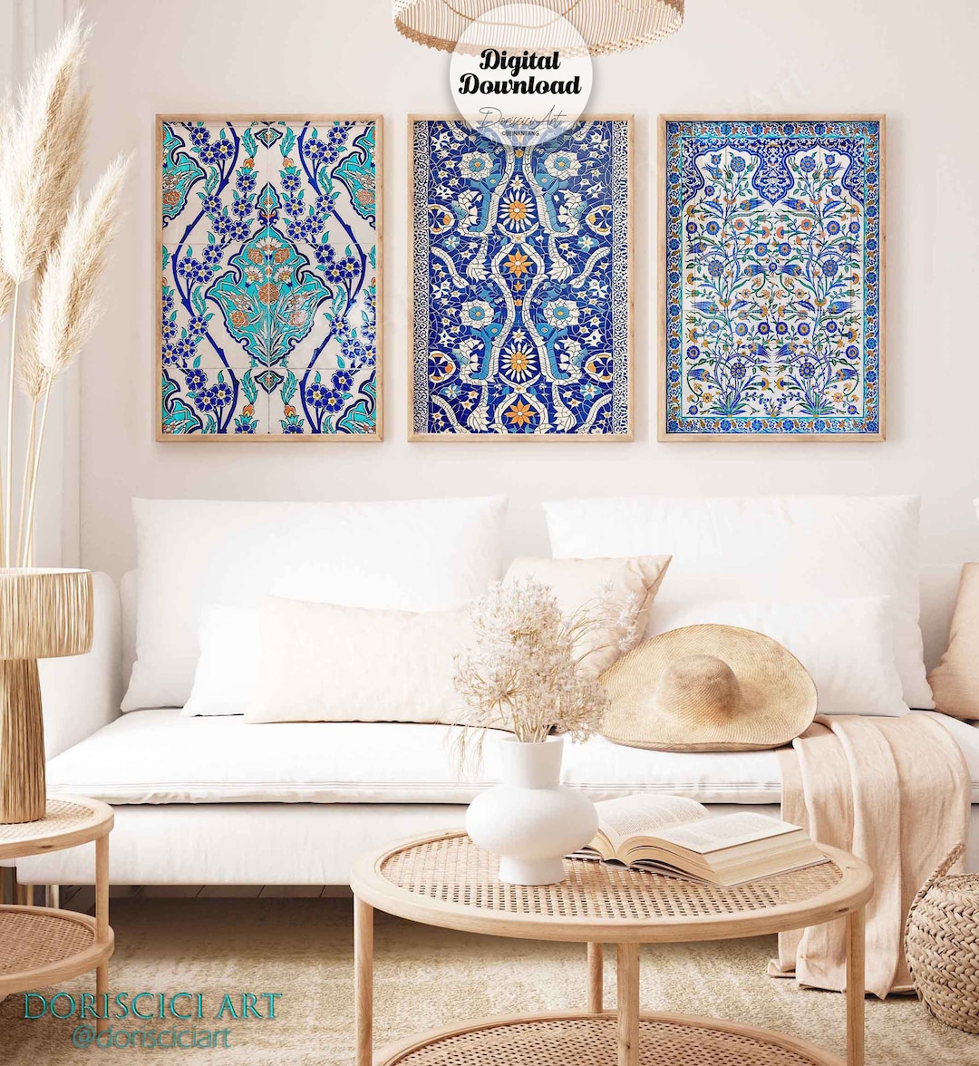 Indigo Moroccan Printable Wall Art Set of 3,islamic Tile Pattern Print ...