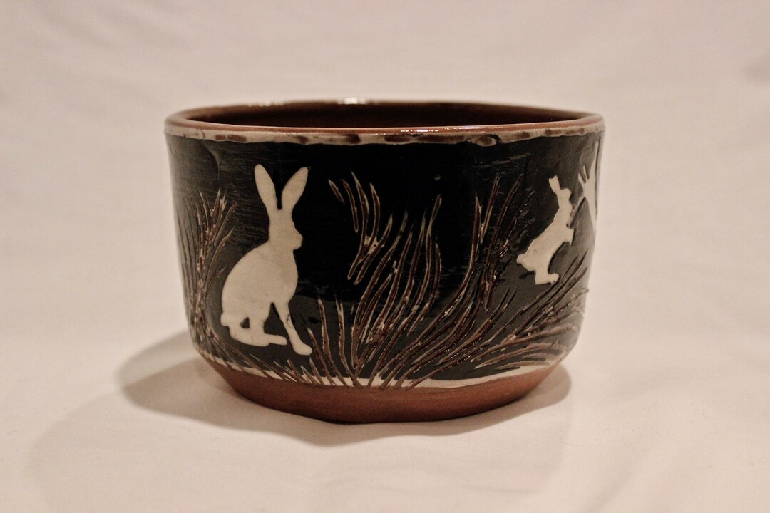 Handmade Black and White Ceramic Bowl Hare Rabbit Bird Cardinal Horse ...