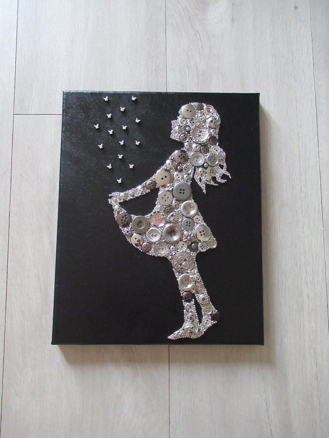 Button Art Painting Silver Little Girl on Black Painted Canvas 24x30cm ...