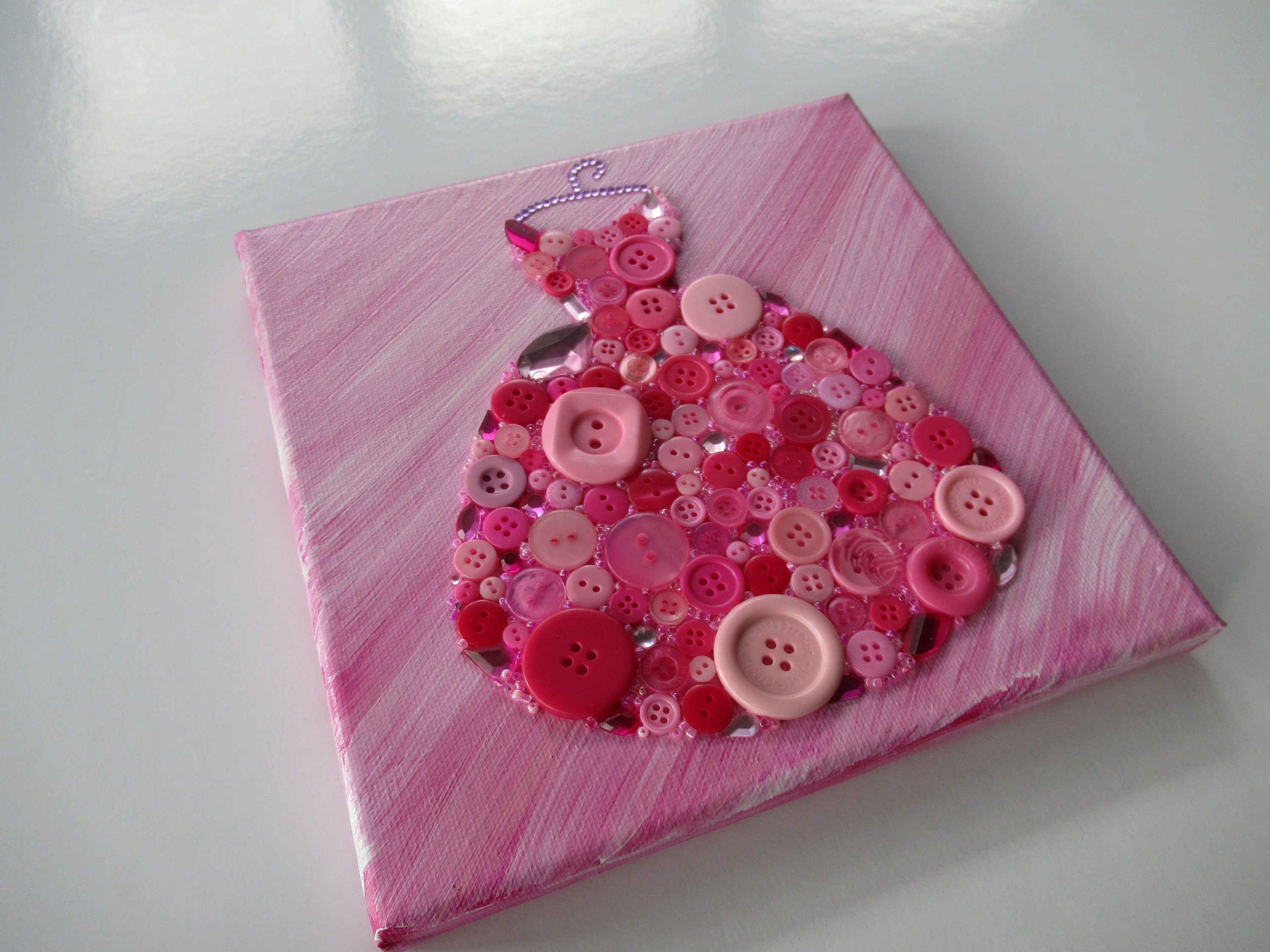 Button Art Pink Princess Dress Painting on Pink Canvas - Etsy