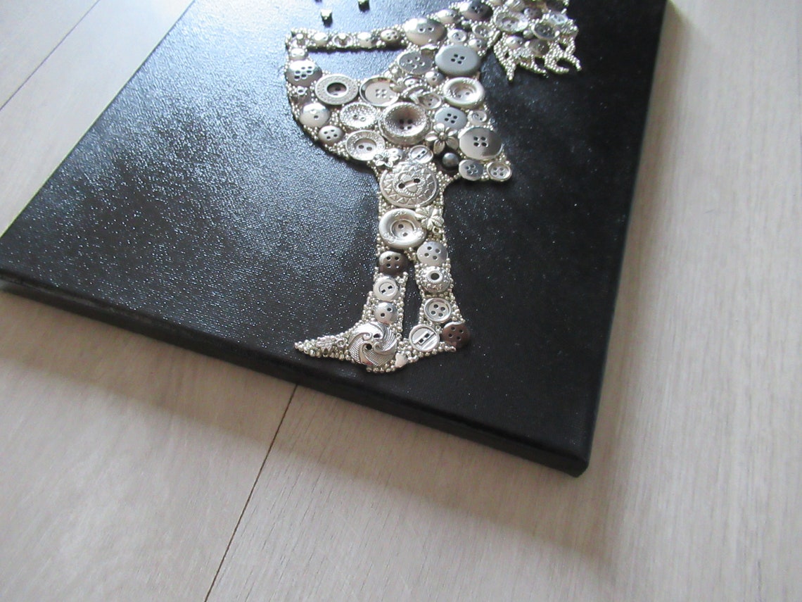 Button Art Painting Silver Little Girl on Black Painted Canvas 24x30cm ...