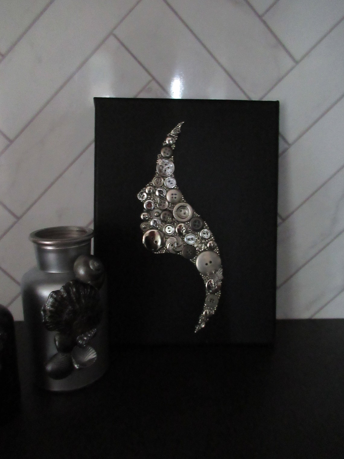 Button Art Painting Silver Silhouette Woman Face, on Black Painted ...