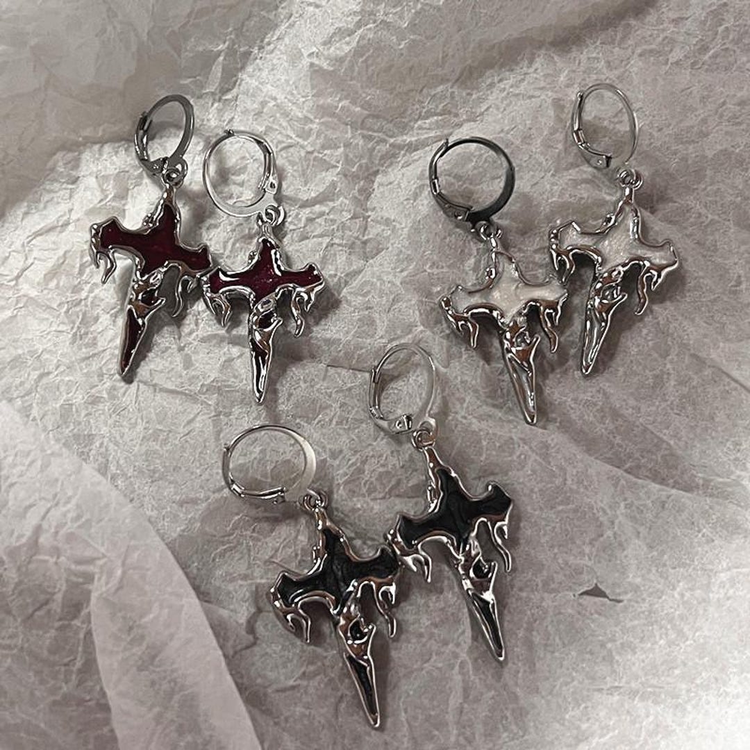 Gothic Punk Earrings Steampunk Black Cross Metal Red Rhinestone Hoop ...