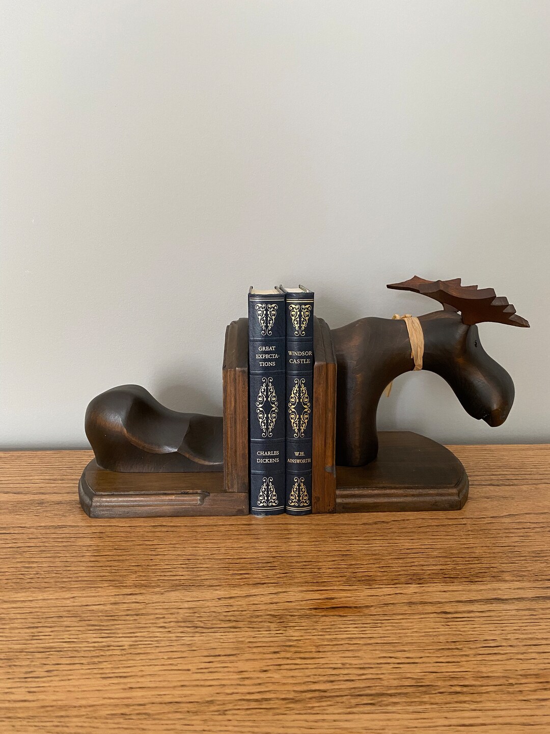 Hand Carved EBENISTERIE YOME LEBEL Wooden Moose Bookends, Front and ...