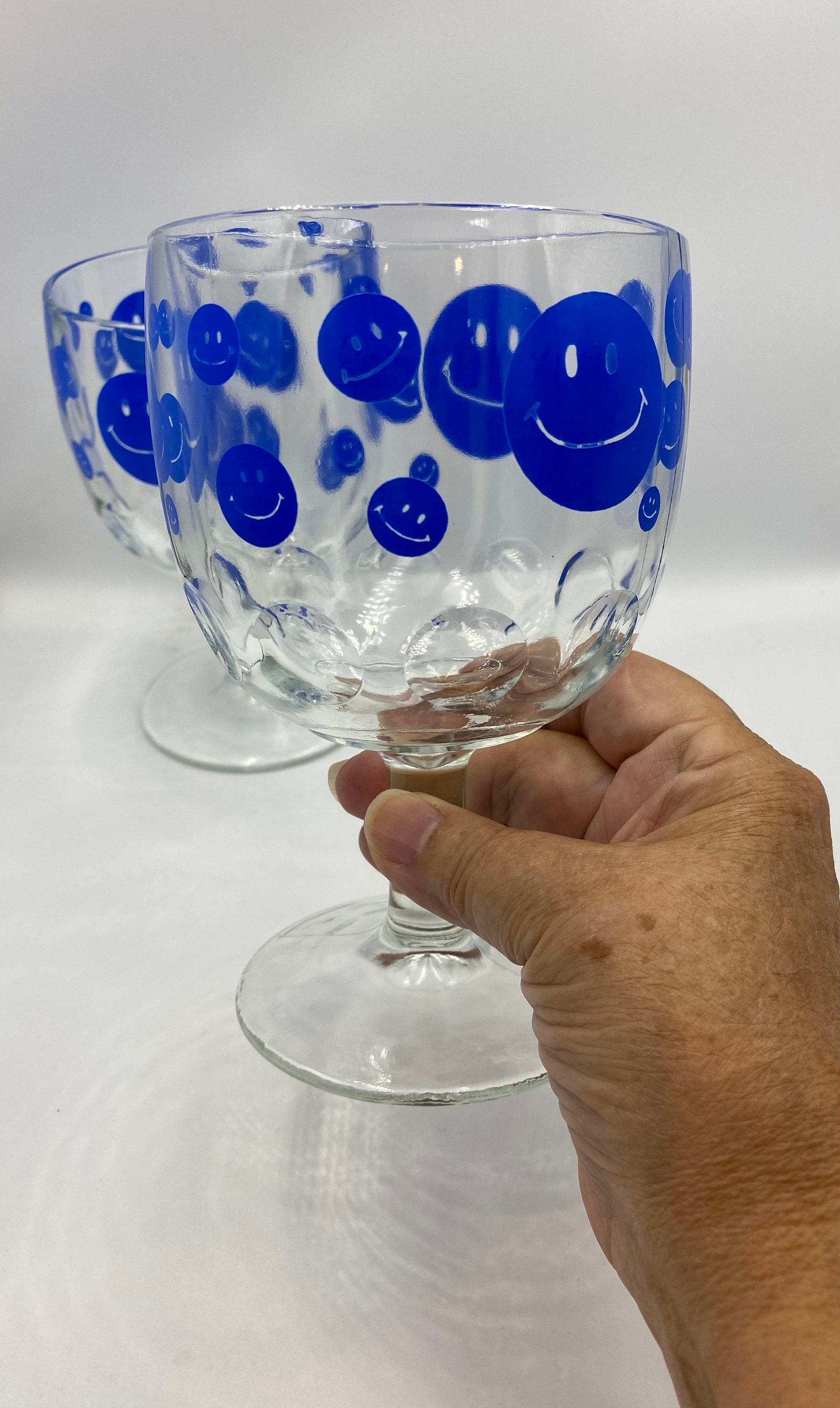 Vintage Cobalt Blue Smiley Face Thumbprint Glasses, Bartlett Collins ...