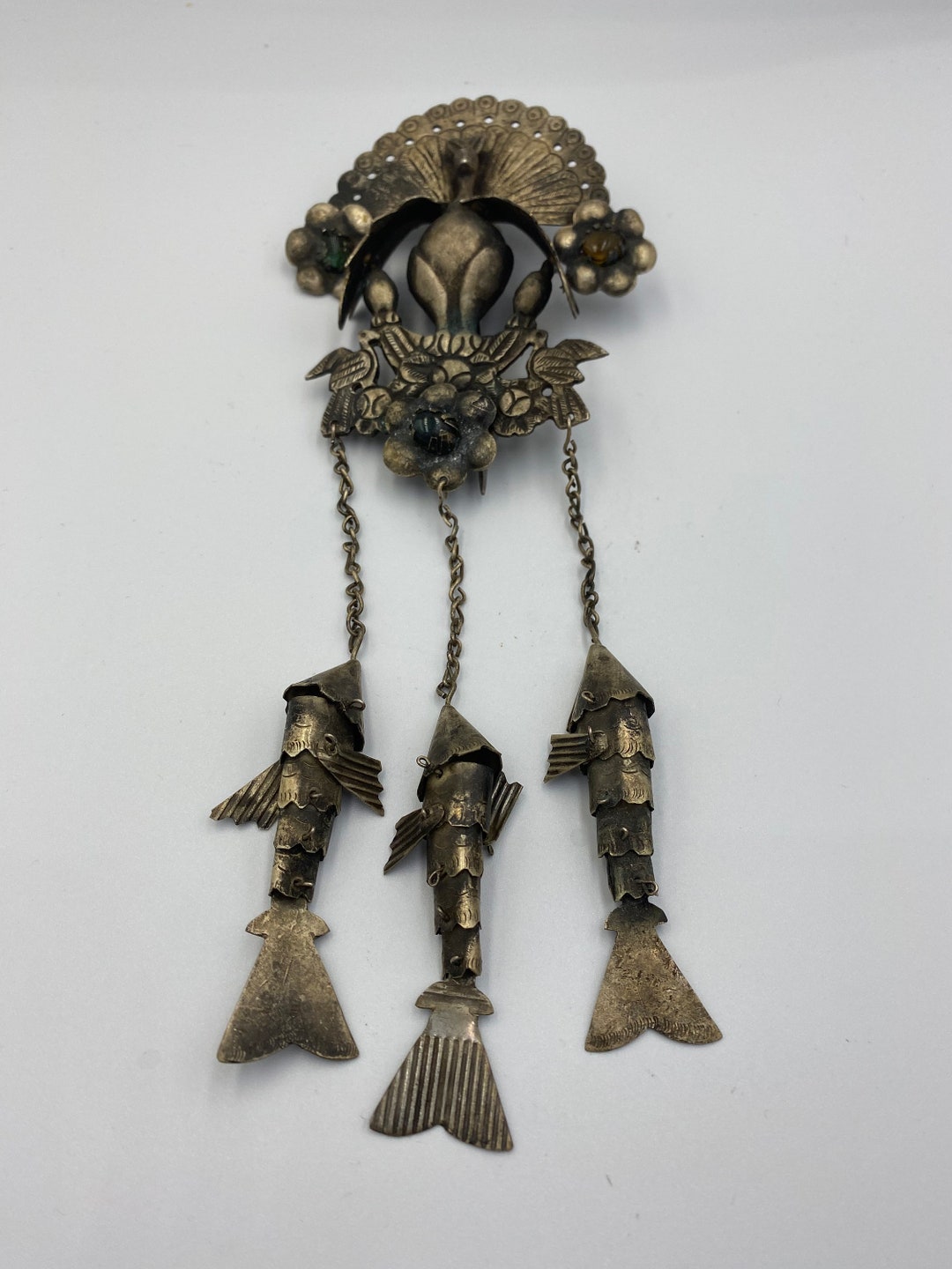 Antique Tupu, Peruvian Pin, Peacock, Reticulated Fish, Cabochons ...
