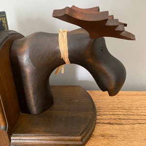 Hand Carved EBENISTERIE YOME LEBEL Wooden Moose Bookends, Front and ...