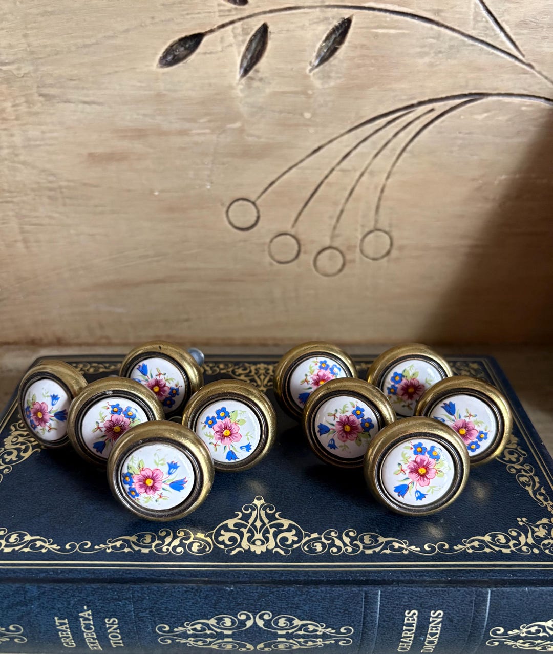 French Country Style DRAWER PULLS, SET of 10 Ceramic and Brass, Roses ...