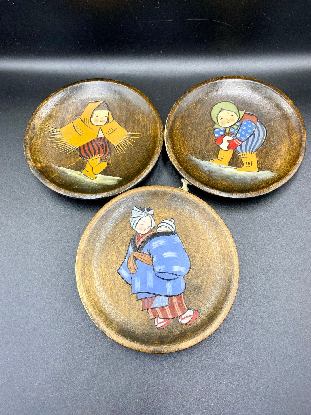 Vintage Japanese Wooden Wall Decor, Hand Painted MCM Set - Etsy