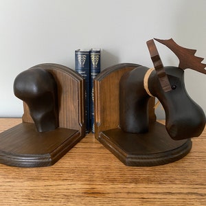 Hand Carved EBENISTERIE YOME LEBEL Wooden Moose Bookends, Front and ...