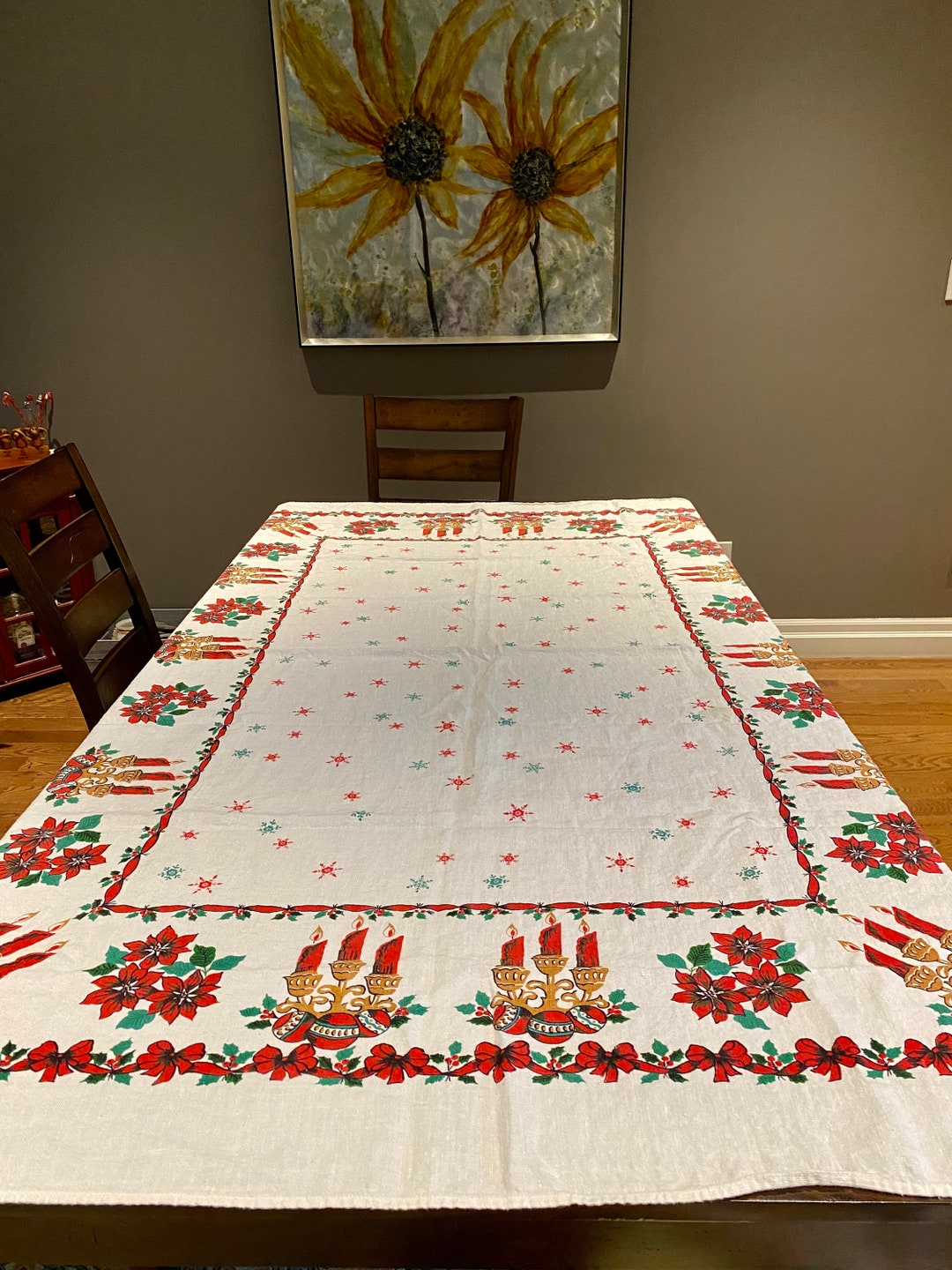 Vintage Linen Christmas Tablecloth, Vintage Christmas, Poinsettias ...